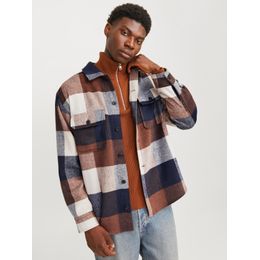 Jack & Jones Langarmhemd JACK & JONES "JJEBRADLEY OLLIE OVERSHIRT LS NOOS", Herren, Gr. XL, N-Gr, blau (navy blazer checks:checks), Web, Obermaterial: 70% Polyester, 21% Polyacryl, 6% Polyamid, 2% Viskose, 1% Wolle, kariert, loose fit Po-bedeckend, ohne Ausschnitt, Manschette, Hemden Langarmhemd, mit Brusttaschen
