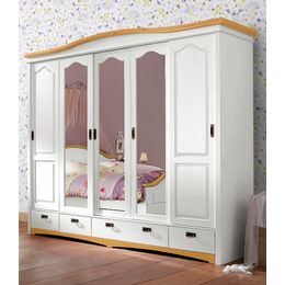 Schiebet&uuml;renschrank OTTO HOME "Konrad, Landhausstil, rustikal, mit Schubladen + Spiegel, Kassetten", wei&szlig; (wei&szlig;, honig gewachst), B:249cm H:207cm T:64cm, Glas, Massivholz, Schr&auml;nke, Schiebet&uuml;renschrank, massive Kiefer, FSC-zertifiziert, Messinggriffe, mehrere Varianten