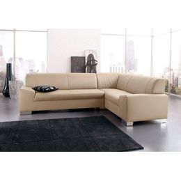 Ecksofa DOMO collection "Alisson, zeitlose Optik, flache Armlehnen, L-Form", beige (natur), B:249cm H:75cm T:181cm, Microfaser aus 100% Polyester;Softlux, das pflegeleichte Kunstleder aus 80% PVC, 18% Polyester und 2% Polyurethan;Strukturstoff aus 90% Polyester und 10% Polyacryl, Sofas, Ecksofa, fester Sitzkomfort, wahlweise mit Bettfunktion