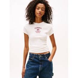 Kurzarmshirt Tommy Jeans "TJW SLIM TOMMY 85 RIB SS TEE", Damen, Gr. S (36), ancient wei&szlig;, Single Jersey, Obermaterial: 95% Baumwolle, 5% Elasthan, bedruckt, figurbetont, Rundhals, Shirts Kurzarmshirt, in gerippter Struktur
