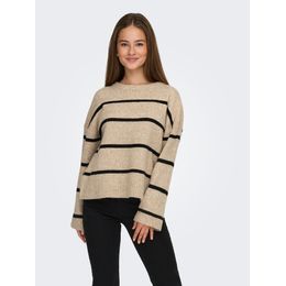 Strickpullover Only "ONLOXFORD LIFE LS STRIPE O-NECK KNT", Damen, Gr. M, humus stripes:melange, schwarz, Strick, Obermaterial: 86% Polyester, 7% Polyacryl, 4% Wolle, 3% Elasthan, gestreift, relaxed fit normal, Rundhals, Pullover Strickpullover