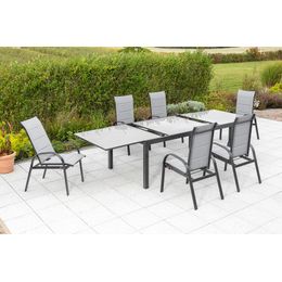 Garten-Essgruppe Merxx "Marini", grau, B:57cm H:110cm T:73cm, Aluminium, Polyester, Sitzm&ouml;bel-Sets, Garten-Essgruppe, 6 Klappsessel mit ausziehbarem Tisch