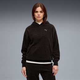 Kapuzensweatshirt Puma "ESS ELEVATED COMFORT VELOUR RIB HOODIE", Damen, Gr. S, schwarz (Puma schwarz), Obermaterial: 68% Baumwolle, 32% Polyester, unifarben, comfort fit normal, Rundhals, angesetztes B&uuml;ndchen, Sweatshirts Kapuzensweatshirt, mit K&auml;ngurutasche, sportlicher Stil