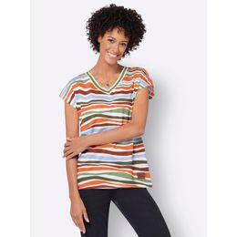 Print-Shirt Casual Looks "Shirt", Damen, Gr. 50, bunt (eucalyptus, orange, bedruckt), 100% Baumwolle, gemustert, mehrfarbig, V-Ausschnitt, Shirts Print-Shirt