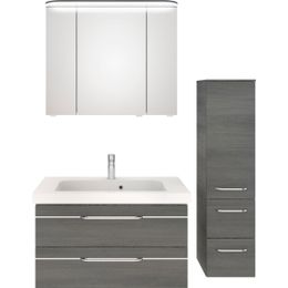 Badm&ouml;bel-Set SAPHIR "Balto Sprint 3-teilig, Mineralmarmor-Waschtisch mit LED-Spiegelschrank", grau (graphit struktur quer nachbildung), B:122cm H:200cm T:50,8cm, Holzwerkstoff, Kastenm&ouml;bel-Sets, Badm&ouml;bel-Set, Badezimmer Set mit Midischrank, inkl T&uuml;rd&auml;mpfer, 4 T&uuml;ren, 4 Schubladen