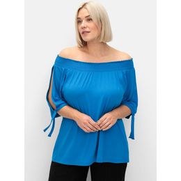 Carmenshirt sheego "T-Shirt", Damen, Gr. 56/58, blau (kobaltblau), 95% Viskose, 5% Elasthan, unifarben, Carmenausschnitt, Shirts Carmenshirt
