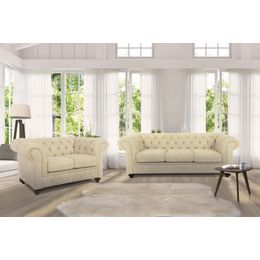 Chesterfield-Sofa Home Affaire "Duc 3-Sitzer", beige, B:198cm H:74cm T:89cm, Samtoptik (100% Polyester);Samtoptik (100% Polyester);Luxus-Microfaser Lederoptik (100% Polyester), Sofas, Chesterfield-Sofa, hochwertige Knopfheftung im R&uuml;cken, Samtoptik mit changierender Optik