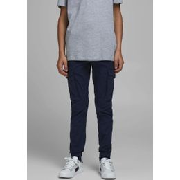 Jack & Jones Cargohose JACK & JONES JUNIOR "JPSTPAUL JJFLAKE AKM 542 NAVY NOOS JNR", Jungen, Gr. 152, N-Gr, blau (navy blazer), Web, Obermaterial: 98% Baumwolle, 2% Elasthan, unifarben, slim fit kn&ouml;chellang, Hosen Cargohose