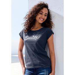 Beach Time T-Shirt BEACHTIME "mit Frontdruck "Smile", Damen, Gr. 36/38, blau (navy), Obermaterial: 100% Baumwolle, bedruckt, bequem normal, Rundhals, mit Aufschlag, Shirts T-Shirt, aus weicher Baumwoll-Qualit&auml;t, Topseller
