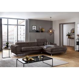 Ecksofa W.Schillig "piedroo, Designsofa mit tollem Sitzkomfort, bequem und elegant, L-Form", braun (mocca s37), B:303cm H:70cm T:193cm, Stoff S37 (100% Polyester): Luxus-Microfaser in Lederoptik, Sofas, Ecksofa, Kopfteilverstellung, wahlweise mit Sitztiefenverstellung, Breite 303cm