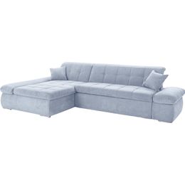 Ecksofa DOMO collection "Moric Luxus - B/T/H 300/172/80 cm, XXL-Format", blau (pastelblau), B:300cm H:80cm T:172cm, Chenille (85% Polyester, 15% Acryl), Sofas, Ecksofa, L-Form, 140kg Belastung/Sitz, Chenilleoptik, pastelblau