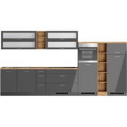 K&uuml;chenzeile KOCHSTATION "KS-Milan, optional mit Muldenl&uuml;fter", grau (k&uuml;che: grau, front: grau hochglanz, korpus: grafitgrau, arbeitsplatte: wotaneichefarben), B:390cm H:166cm T:60cm, Komplettk&uuml;chen-Sets, K&uuml;chenzeile, Breite 390 cm, wahlweise mit E-Ger&auml;ten, Kochfeld mit Dunstabzug