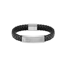 Armband BOSS "Schmuck Edelstahl Armschmuck Lederarmband LANDER" Gr. M, schwarz (edelstahlfarben, schwarz), Armb&auml;nder, Herren, M, Edelstahl Leder, Edelstahl, Leder, Armband, mit Zirkonia (synth.)