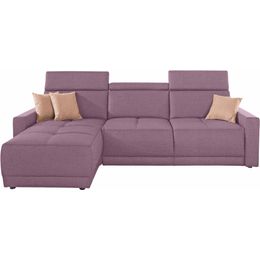 Ecksofa DOMO collection "Ava mit moderner Sitzheftung & toller Doppelnaht, komfortabel, L-Form", lila (flieder), B:262cm H:84cm T:167cm, Kunstleder SOFTLUX;Struktur fein (100% Polyester);Zierkissen: Microfaser PRIMABELLE (100% Polyester);Struktur (100% Polyester);Microfaser PRIMABELLE (100% Polyester), Sofas, Ecksofa, mit Recamiere, inkl. Federkern, wahlweise mit Kopfteilverstellungen