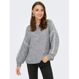 Jacqueline de Yong Rundhalspullover JDY "JDYZOEY LIFE L/S ON STITCH PULL KNT NOOS", Damen, Gr. L, light grau melange detail:with birch stitch, Strick, Obermaterial: 70% Polyester, 21% Nylon, 8% Wolle, 1% Elasthan, unifarben mit Farbeinsatz, oversize h&uuml;ftlang, Rundhals, Strickb&uuml;ndchen, Pullover Rundhalspullover, mit dekorativen Ziern&auml;hten