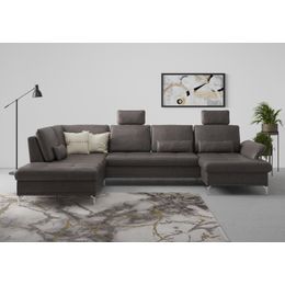 Wohnlandschaft Home Affaire "Palm Beach U-Form", grau (anthrazit), B:347cm H:89cm T:224cm, 100%Polyester, Sofas, Wohnlandschaft, Federkern, mit Sitztiefenverstellung, wahlweise mit Bettfunktion