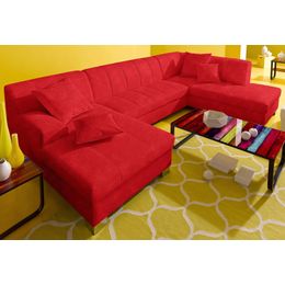 Wohnlandschaft DOMO collection "Turah moderne Steppung, incl. Zierkissen, auch in Leder", rot, B:297cm H:75cm T:82cm, Microfaser PRIMABELLE (100% Polyester);Struktur ( 85% Polyester, 15% Acryl);NaturLEDER (Echtes Rindsleder);Kunstleder SOFTLUX/Struktur ( 100% Polyester);Zierkissen: wie Oberstoff, Sofas, Wohnlandschaft, wahlweise mit Bettfunktion, B/T/H: 297/82/75 cm, U-Form