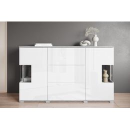 Sideboard OTTO HOME "Kenia", wei&szlig; (betonoptik, wei&szlig; hochglanz), B:150cm H:89cm T:39,5cm, FSC-zertifizierter Holzwerkstoff, Glas, Hartfaserplatte, Kunststoff, Sideboards, Sideboard, Sideboard mit 3 Schubladen, 6 F&auml;chern, Glast&uuml;ren, Breite 150 cm