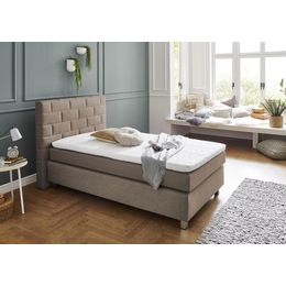 Boxspringbett, beige (schwarz, beige), B:135cm L:210cm, Bezug Bett: Feinstruktur 100% Polyester;Bezug Bonnell-Federkernmatratze: 100% Polyester;Bezug Kaltschaummatratze: 100% Polyester;Bezug Tonnentaschenfederkernmatratze: 80% Baumwolle, 20%Polyester;Topper: Komfortschaum mit Bezug 100% Polyester, Westfalia Schlafkomfort, Komplettbetten, Boxspringbett, mit Topper