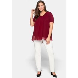 Blusenshirt sheego "Blusenshirt", Damen, Gr. 48, rot (rubinrot), 95% Viskose, 5% Elasthan, Chiffon:100% Polyester, unifarben, Rundhals, Shirts Blusenshirt