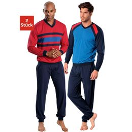 Pyjama Le Jogger, Herren, Gr. 52/54, bunt (rot, marine, blau, marine), Jersey, Obermaterial: 100% Baumwolle, unifarben mit Farbeins&auml;tzen, Basic, bequem lang, V-Ausschnitt, angesetztes B&uuml;ndchen, Homewear-Sets Pyjama, in langer Form