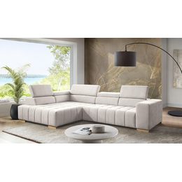 Ecksofa exxpo - SOFA FASHION "Elianos, hoher Sitzkomfort, aufwendige Kreuzsteppung im Sitz, L-Form", pearl, B:307cm H:73cm T:201cm, Sofas, Ecksofa, Kopfteile & Sitztiefe verstellbar, ohne Bettfunktion