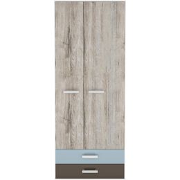 Kleiderschrank FMD "Nona", blau (sandeiche nb, wei&szlig;, lava, denim), B:75,6cm H:193,5cm T:60cm, Holzwerkstoff, Schr&auml;nke, Kleiderschrank, Breite 75,6 cm