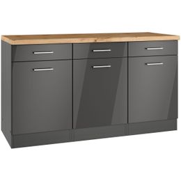 Unterschrank KOCHSTATION "KS-Milan", grau hochglanz, B:150cm H:86cm T:60cm, MDF, Schr&auml;nke, Unterschrank, Unterschrank 150 cm, matte oder hochgl&auml;nzende Fronten