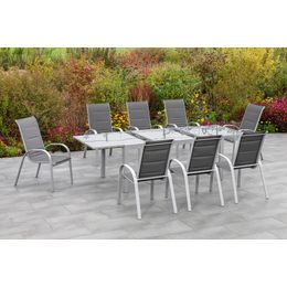 Garten-Essgruppe Merxx "Amalfi di lusso", grau (grafit), B:56,5cm H:104cm T:77cm, Aluminium, Polyester, Sitzm&ouml;bel-Sets, Garten-Essgruppe, 8 Stapelsessel, Hochlehner mit ausziehbarem Tisch