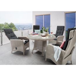 Garten-Essgruppe Destiny "PALMA LUNA", wei&szlig; (vintage wei&szlig;), Polyester, Aluminium, Polyester, Polyrattan, Sitzm&ouml;bel-Sets, Garten-Essgruppe, (Set, 9-tlg., 4 Hochlehner, 1 Tisch &Oslash; 100x75cm) Aluminium, Polyrattan