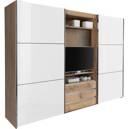 Schwebet&uuml;renschrank wimex "Magic by fresh to go", braun (plankeneichefarben, au&szlig;ent&uuml;ren wei&szlig;glas), B:300cm H:236cm T:65cm, Schr&auml;nke, Schwebet&uuml;renschrank, tolles EXTRA: mit drehbarem TV-Element, Fronten aus Glas