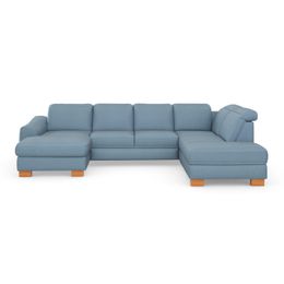 Sit & More Wohnlandschaft SIT & MORE "Dundee U-Form", blau (hellblau), B:338cm H:86cm T:219cm, Sofas, Wohnlandschaft, mit Federkern und Massivholzf&uuml;&szlig;en, wahlweise mit Kopfteilverstellung