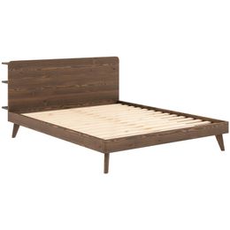 Bettgestell Karup Design "RETREAT BED", braun (carob braun lackiert), B:166cm H:93cm L:226cm, Betten, Bettgestell, aus Kiefer massiv mit Lattenrost, Kopfteil mit 3 Ablagen