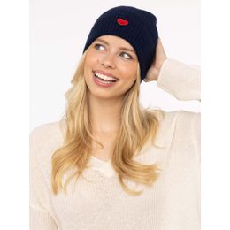 Beanie Zwillingsherz "Beanie with Heart-Patch", Damen, marine, Rippstrick, Wolle, unifarben, M&uuml;tzen Beanie, Rippstrick, mit breitem Umschlag, w&auml;rmend
