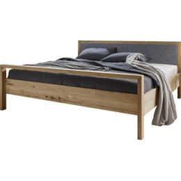 Massivholzbett Home Affaire "Huven, hohe Belastbarkeit: 200kg je Seite", beige (natur, grau mit holzrahmen, natur), B:185cm H:90cm L:208cm, Betten, Massivholzbett, mit gepolstertem Kopfteil, aus massiver Eiche, Oberfl&auml;che ge&ouml;lt