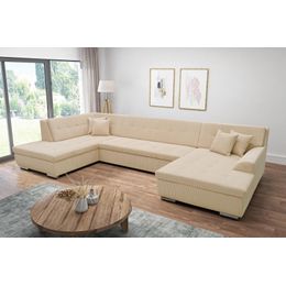 Wohnlandschaft DOMO collection "Treviso incl. Zierkissen, moderne Steppung, XXL: B/T/H: 364/201/83 cm", beige (creme), B:364cm H:83cm T:201cm, 100% Polyester;Microfaser-Primabelle (100% Polyester) / Struktur (90% Polyester; 10% Polyacryl), Sofas, Wohnlandschaft, wahlweise mit Bettfunktion, in vielen Bezugsarten auch in Cord U-Form