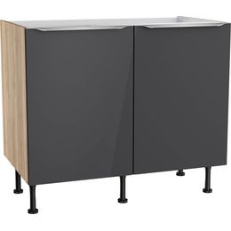 Sp&uuml;lenschrank KOCHSTATION "KS-Aken", grau (anthrazit hochglanz, wildeiche nachbildung), B:100cm H:87cm T:58,4cm, Schr&auml;nke, Sp&uuml;lenschrank