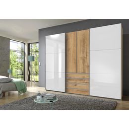 Schwebet&uuml;renschrank wimex "Magic by fresh to go", braun (plankeneichefarben, au&szlig;ent&uuml;ren wei&szlig;glas), B:300cm H:236cm T:65cm, Schr&auml;nke, Schwebet&uuml;renschrank