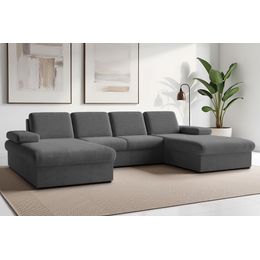 Sit & More Wohnlandschaft SIT & MORE "Moreno U-Form, B: 309 cm", grau, B:309cm H:82cm T:171cm, 100% Polyester, Sofas, Wohnlandschaft, mit Armteilverstellung, optional Bettfunktion