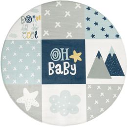 Kinderteppich Paco Home "Chicos 554", blau, H:2mm &Oslash;:150cm, Polyester, Teppiche, Kinderteppich, gewebt, Patchwork Design, mit Schriftzug & Regenbogen oder Sternen