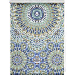 Seitenzugrollo LICHTBLICK ORIGINAL "Rollo Klemmfix, ohne Bohren, blickdicht, Orientalische Muster", blau (blau, gr&uuml;n, wei&szlig;), B:100cm H:150cm, Polyester, Rollos, Seitenzugrollo