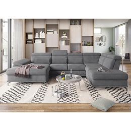 Sit & More Wohnlandschaft SIT & MORE "Cabrio U-Form, B: 359 cm, mit Sitztiefen-, Arm- & Kopfteilverstellung", grau, B:359cm H:87cm T:230cm, 100% Polyester, Sofas, Wohnlandschaft, 3 Nierenkissen, Federkern, optional Bettfunktion und Stauraum