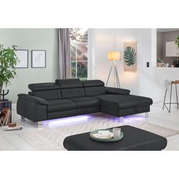 Ecksofa COTTA "Komaris L-Form, B: 244 cm", schwarz, B:244cm H:72cm T:166cm, Microfaser PRIMABELLE (100% Polyester);Kunstleder SOFTLUX(100%Polyurethan);Feinstruktur (100% Polyester);Kunstleder SOFTLUX/Struktur (100%Polyurethan, 90%Polyester, 10% Polyacryl), Sofas, Ecksofa, mit Kopfteilverstellung, optional Bettfunktion, Bettkasten & Licht