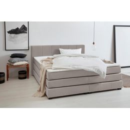 Boxspringbett OTTO products "Peetu", beige, B:210cm L:213cm, Struktur fein aus 100%-recyceltem Polyester, Komplettbetten, Boxspringbett, Taschenfederkern-Matratze, in 4 Breiten und 4 Farben, incl. Topper