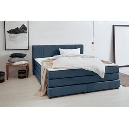 Boxspringbett OTTO products "Peetu", blau, B:190cm L:213cm, Struktur fein aus 100%-recyceltem Polyester, Komplettbetten, Boxspringbett, Taschenfederkern-Matratze, in 4 Breiten und 4 Farben, incl. Topper