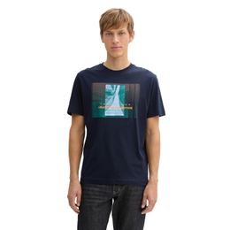 T-Shirt Tom Tailor, Herren, Gr. XL, blau (sky captain blau), Jersey, Obermaterial: 100% Baumwolle, bedruckt, regular fit taillenbedeckt, Rundhals, gerader Abschluss, Shirts T-Shirt, mit Foto-Print
