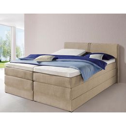 Boxspringbett Hapo, beige (beige, strukturstoff), Liegefl&auml;che B/L: 160cm x 200cm, kein H&auml;rtegrad, Bonnell-Federkernmatratze, Kopfteil, seitliche Unterbox und Obermatratze sind mit pflegeleichtem Feinstrukturstoff in Leinenoptik (100% Polyester) oder Kunstleder bezogen;Die Oberseite der Unterfederung und die Ober- und Unterseite der Obermatratze sind jeweils mit einem rutschhemmenden Stoff aus 100%