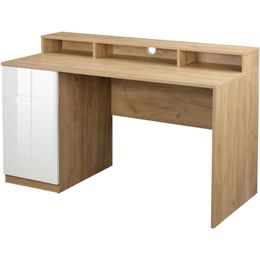 Schreibtisch OTTO HOME "Lund", wei&szlig; (eichefarben, wei&szlig; hochglanz, eichefarben, eichefarben), B:140cm H:75,7cm T:60cm, Tische, Schreibtisch, Monitoraufsatz, Hochglanzfronten, Breite 140 cm
