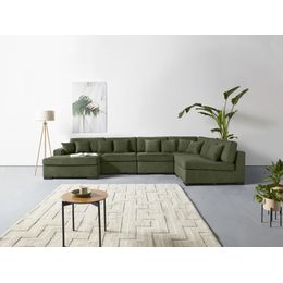 Wohnlandschaft Home Affaire "Skara U-Form", gr&uuml;n, B:390cm H:86cm T:190cm, 100% Polyester, Sofas, Wohnlandschaft, Lounge-Sofa mit Federkernpolsterung, in vielen Bezugsvarianten