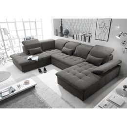 Wohnlandschaft ED EXCITING DESIGN "Wayne U-Form mit Bettfunktion, Bettkasten", grau (stone, uran 09 stone), B:340cm H:104cm T:240cm, 95% Polyester, 5% Nylon, Sofas, Wohnlandschaft, Arm- und Kopfteilverstellung & 3 Nierenkissen